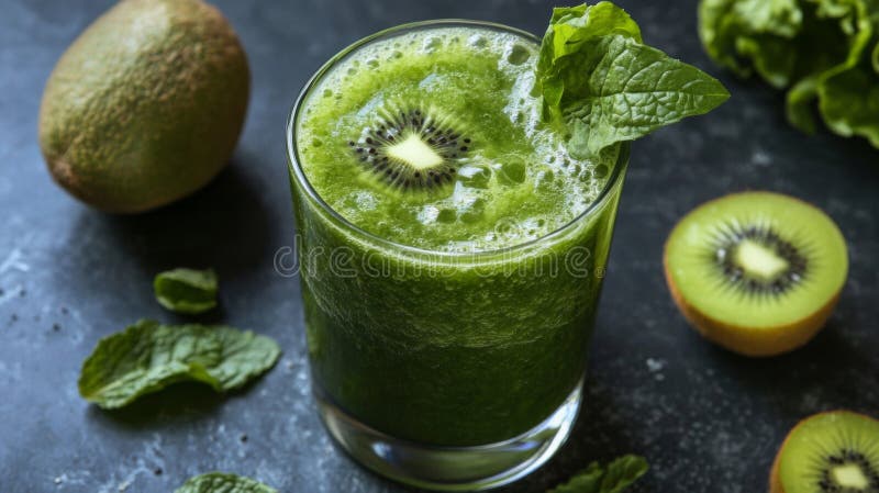 Refreshing Green Kiwi Smoothie with Avocado and Mint Stock Illustration ...