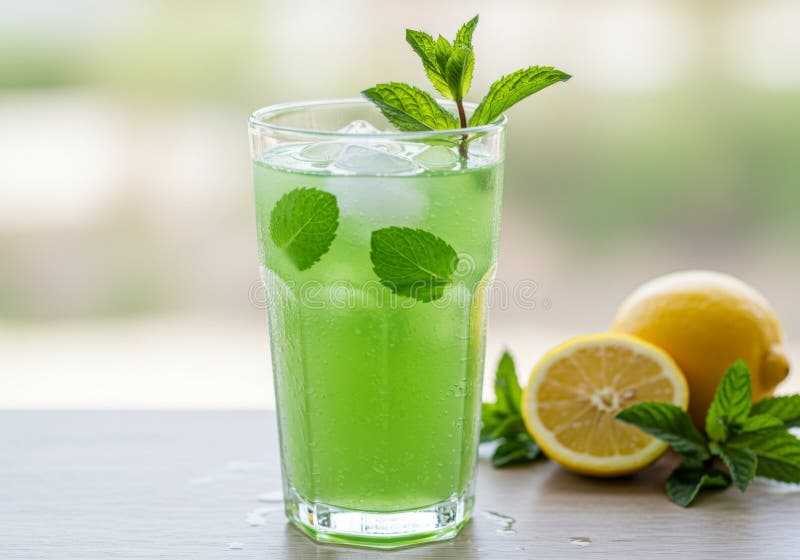 Refreshing Green Mint Lemonade Drink with Ice Stock Illustration - Illustration of glass ...