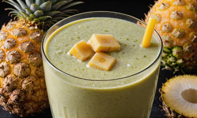 A Refreshing Green Smoothie with Chunks of Pineapple and a Straw Stock ...