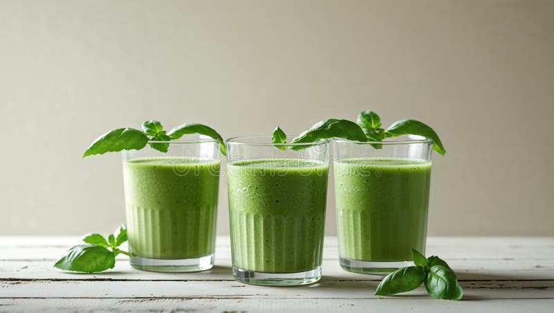 Refreshing Green Smoothie Glasses Basil Garnish Table Stock Photos ...
