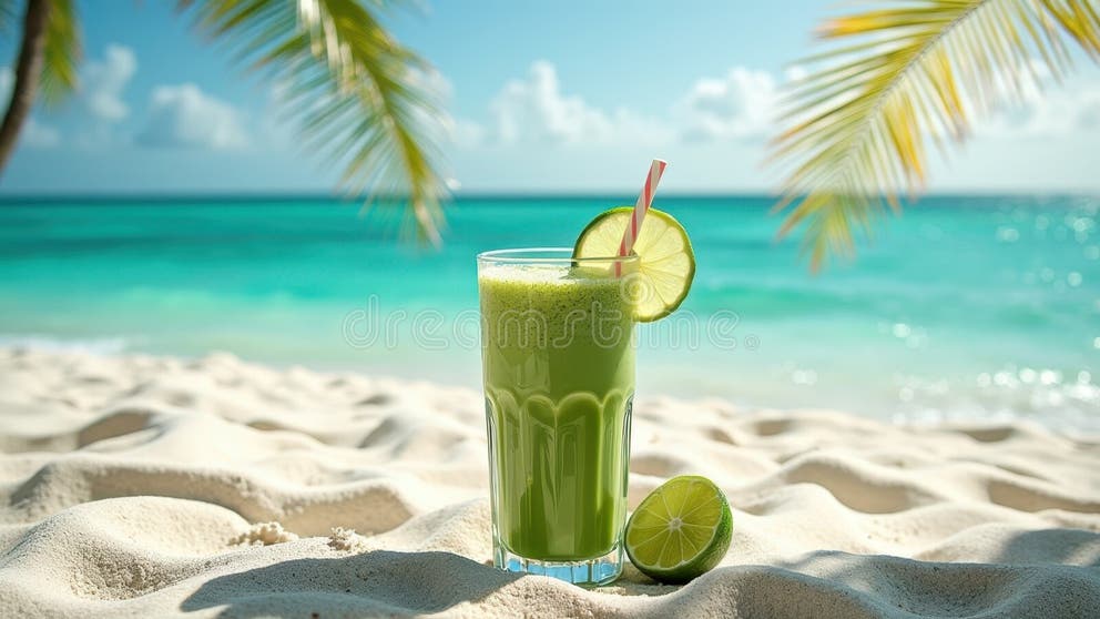 Refreshing Green Smoothie on Tropical Beach Sand with Lime Garnish ...