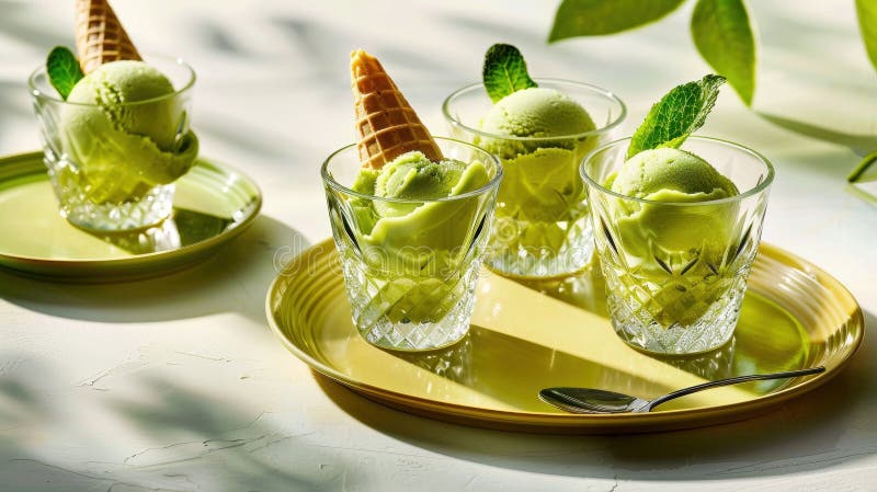 Refreshing Green Tea Ice Cream in Elegant Glasses with Mint and Waffle ...