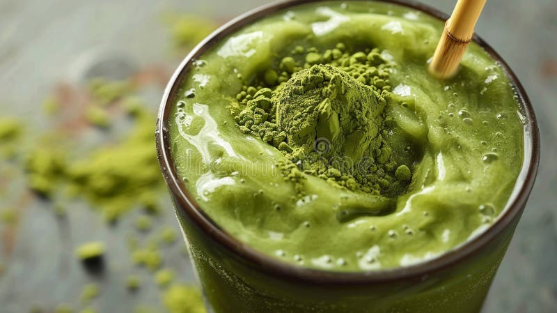 A Refreshing Green Tea Slush with Matcha Powder and a Bamboo Straw ...