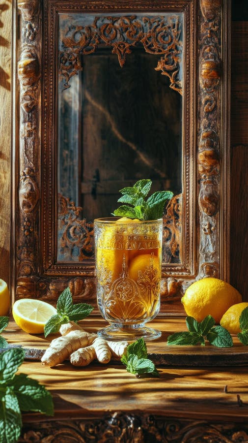Refreshing Herbal Drink with Lemon and Mint beside Turmeric Roots in a ...