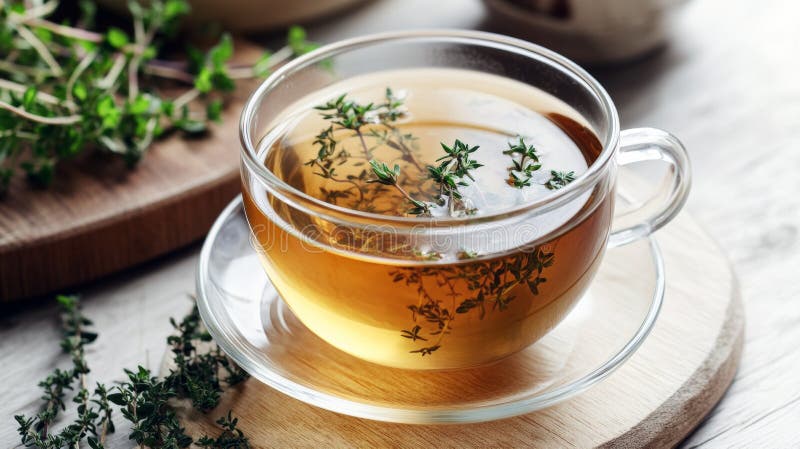 Refreshing Herbal Tea with Fresh Thyme in Glass Cup on Wooden Surface ...