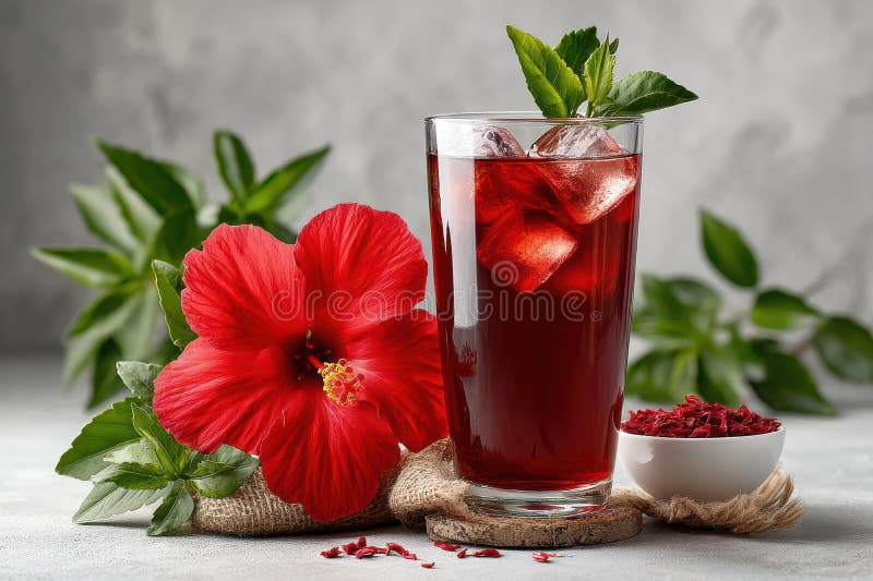 Refreshing Hibiscus Iced Tea with Red Flower and Green Leaves on a ...