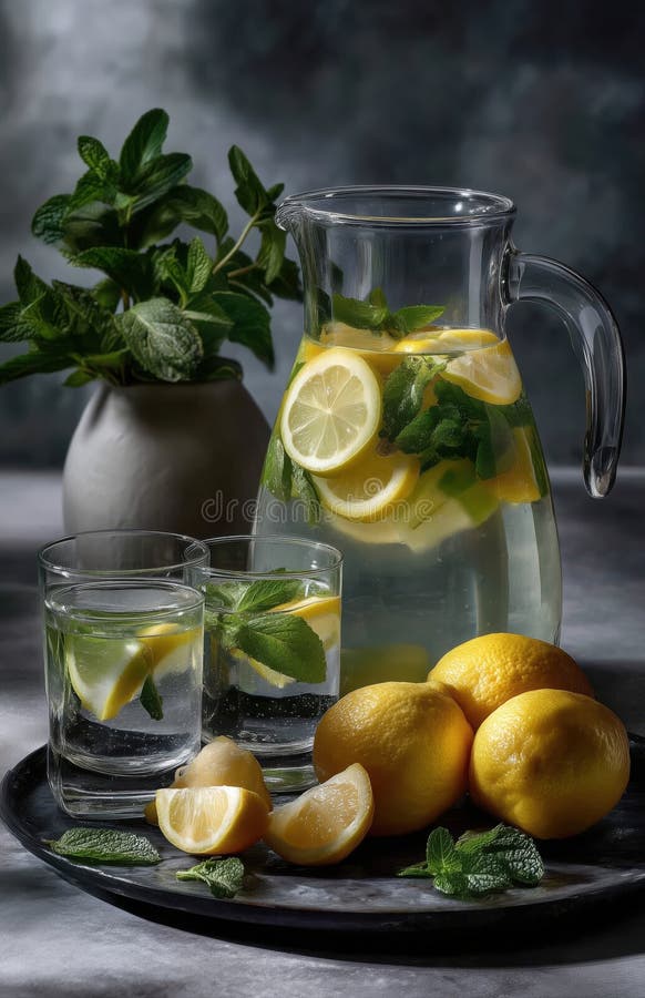 Refreshing Homemade Lemonade with Mint and Ice in a Pitcher and Glasses ...