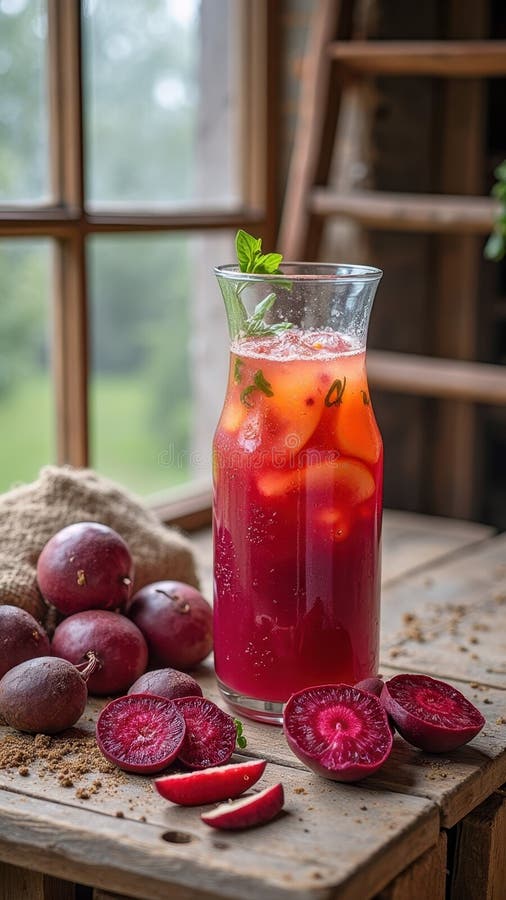 Refreshing Homemade Red Plum Juice with Ice and Mint on Rustic Table Stock Image - Image of ...