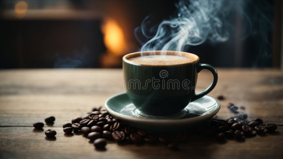 Refreshing Hot Cup of Coffee with Smoke on Table Stock Illustration ...