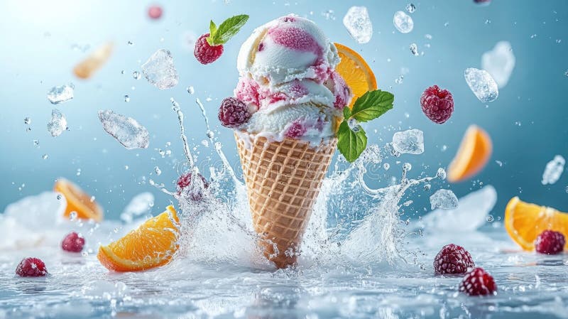 Refreshing Ice Cream Cone with Raspberry and Orange Splash on Icy ...