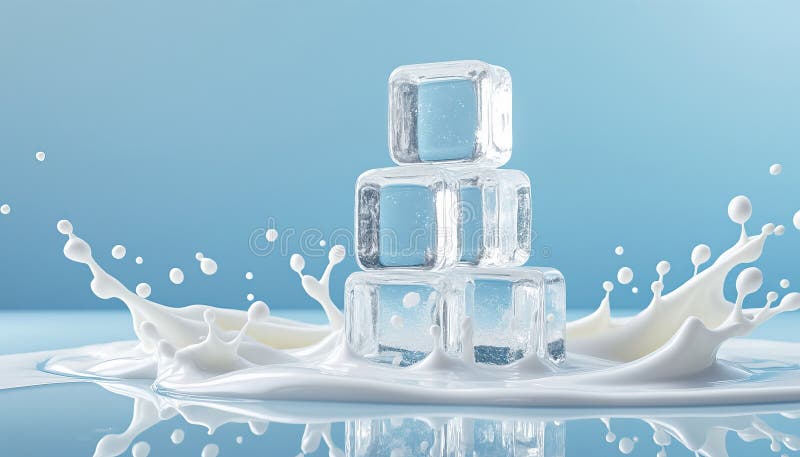 Refreshing Ice Cube Tower in Splashing Milk Against Blue Background ...