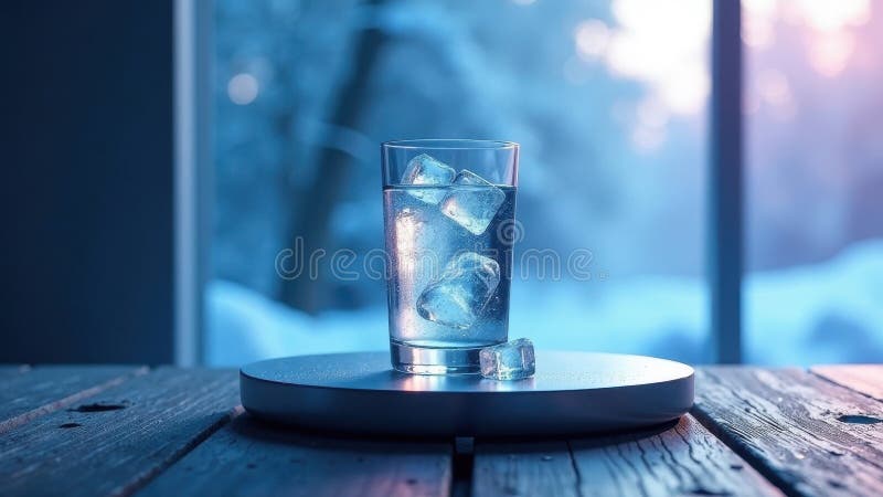 Refreshing Ice Cubes in a Glass of Water on a Rustic Table by a Window ...