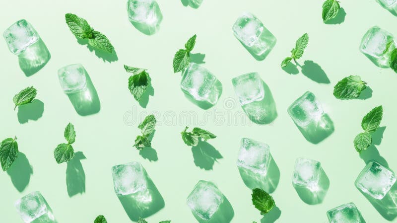 Refreshing Ice Cubes and Mint Leaves on a Light Green Background Create ...