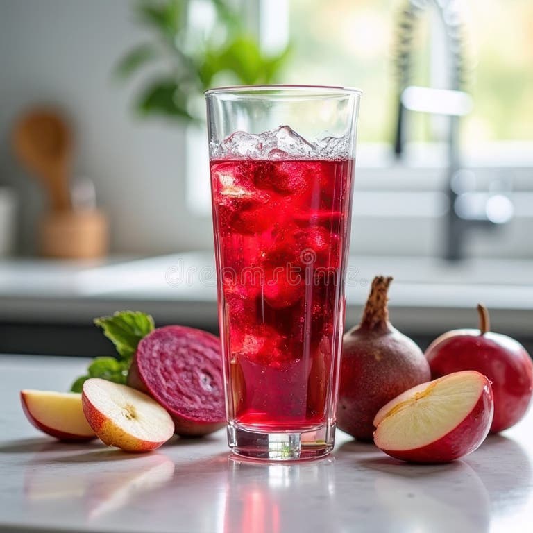 Refreshing Iced Beetroot and Apple Juice in a Glass on Kitchen Counter ...