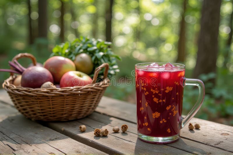 Refreshing Iced Beverage with Berries and Basket of Apples on Rustic ...
