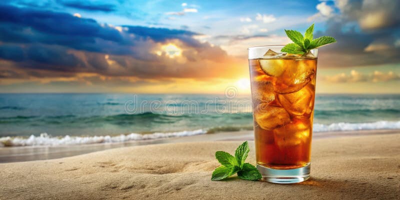 Refreshing Iced Beverage on Sandy Beach at Sunset. Generative AI Stock ...