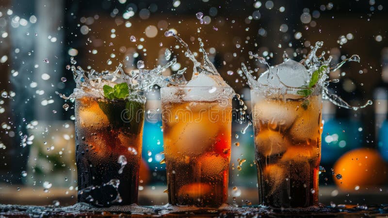 Refreshing Iced Beverages Splashing in Glasses Stock Photo - Image of ...