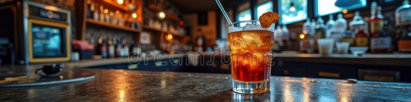 Refreshing Iced Cocktails on Rustic Bar Counter in Cozy Pub Setting ...