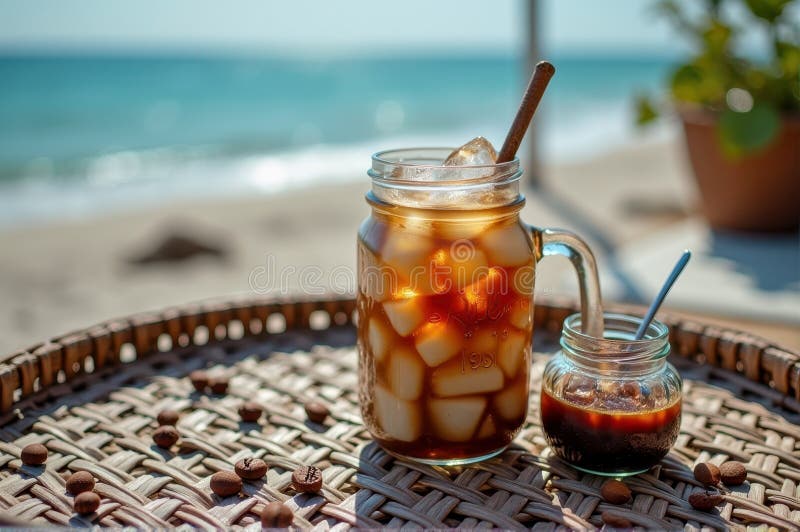 Refreshing Iced Coffee by the Beach with Cinnamon Sticks and Coffee ...