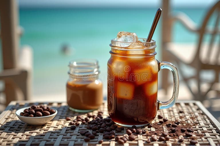 Refreshing Iced Coffee with Beach View and Coffee Beans Stock Image ...
