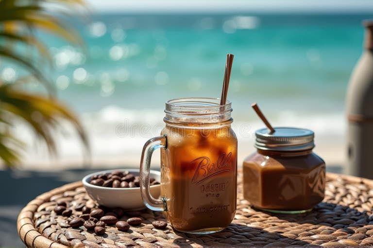 Refreshing Iced Coffee with Coffee Beans on Tropical Beachfront Stock ...
