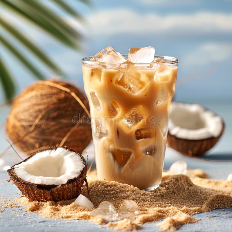 Refreshing Iced Coffee Beverage with Coconut Milk, Ice Cubes, and Fresh ...