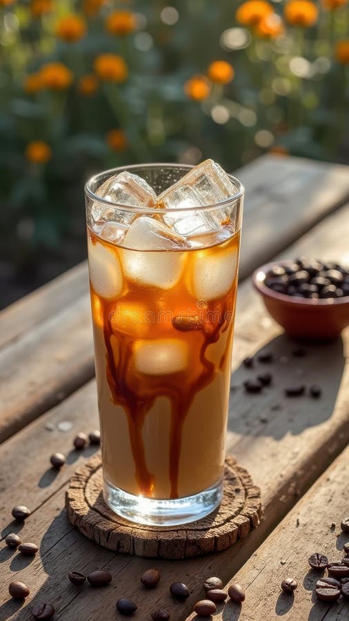 Refreshing Iced Coffee with Caramel Drizzle on Rustic Table in Garden ...