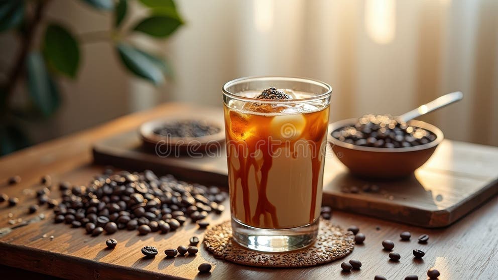 Refreshing Iced Coffee with Caramel Drizzle on a Sunny Morning Stock ...