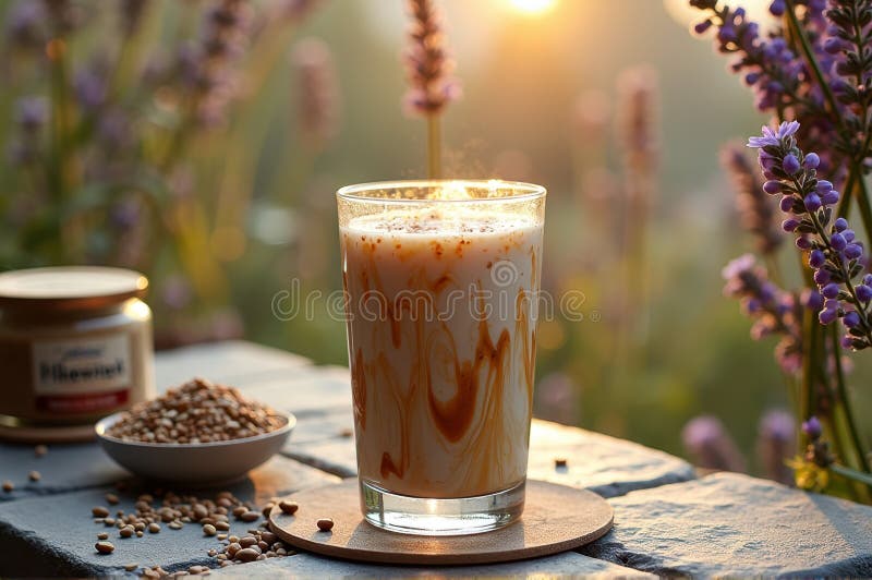Refreshing Iced Coffee with Caramel at Sunrise in a Garden Setting ...