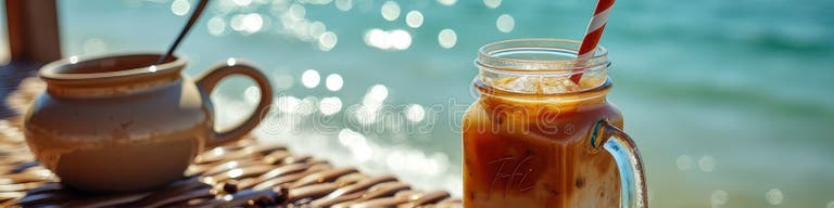 Refreshing Iced Coffee and Ceramic Mug by Sunny Beachfront Stock Image ...