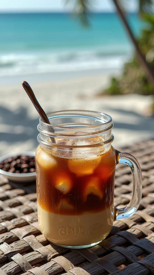 Refreshing Iced Coffee in Clear Glass with Beach Background Scene Stock ...