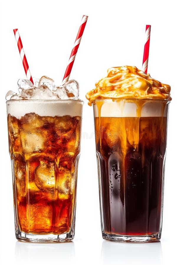 Refreshing Iced Coffee and Cola Drinks with Whipped Cream and Ice Cubes ...