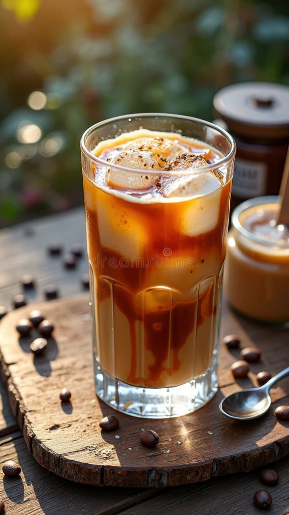 Refreshing Iced Coffee with Cream and Coffee Beans in Sunlit Setting ...