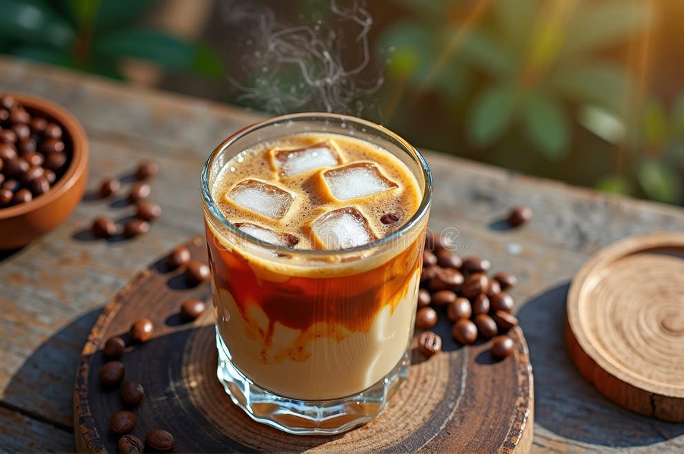 Refreshing Iced Coffee with Cream and Ice Cubes on Rustic Wooden Table ...