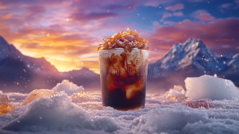 A Refreshing Iced Coffee Drink with a Stunning Mountain Sunset Backdrop ...
