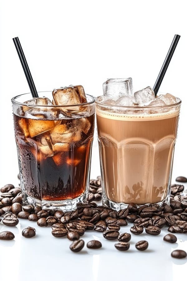 Refreshing Iced Coffee and Frappe with Ice Cubes and Coffee Beans on ...