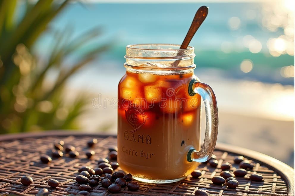 Refreshing Iced Coffee Jar on Sunny Beach with Ocean Waves in ...