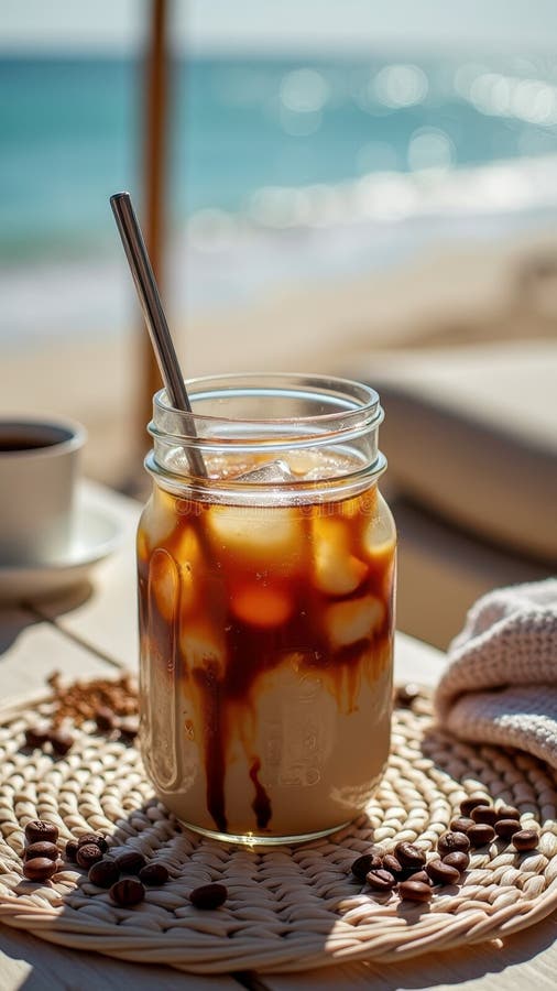 Refreshing Iced Coffee in a Mason Jar by the Beach on a Sunny Day Stock ...