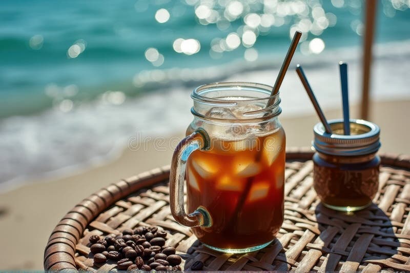 Refreshing Iced Coffee Mason Jar Beachside Table Ocean View Stock ...