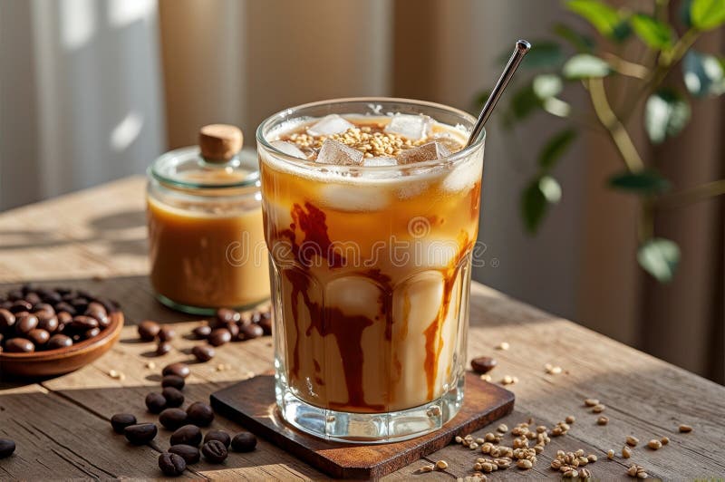 Refreshing Iced Coffee with Milk and Caramel Swirl on Wooden Table ...