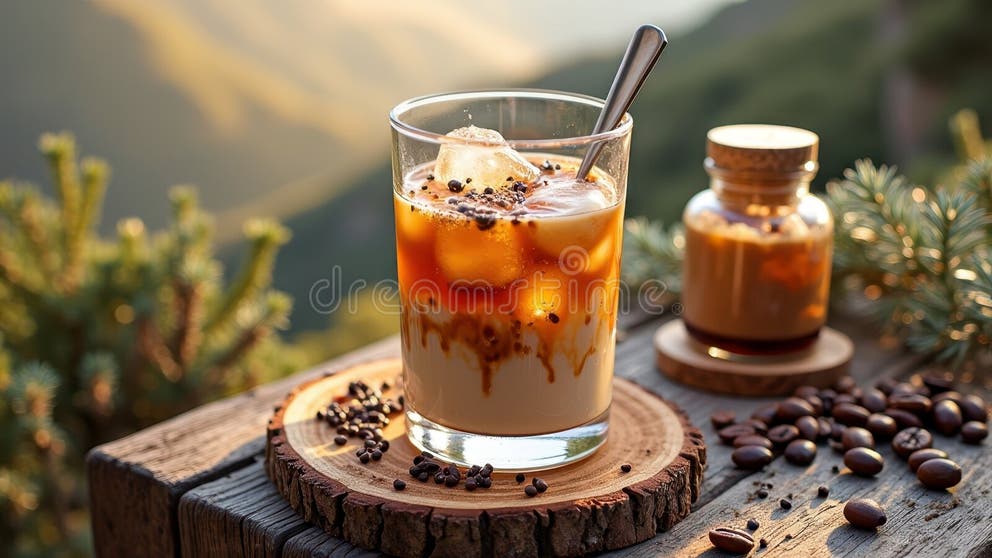 Refreshing Iced Coffee with Milk and Ice on Rustic Wooden Table ...