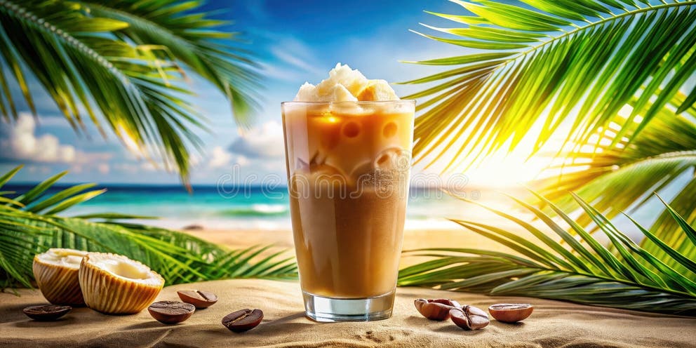 Refreshing Iced Coffee by the Ocean with Coconut. Generative AI Stock ...