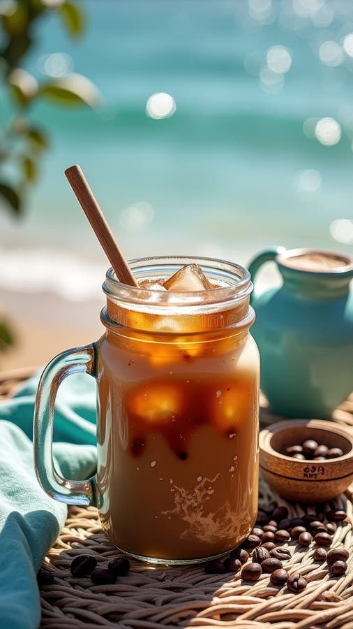 Refreshing Iced Coffee with Ocean View and Decorative Table Setting ...