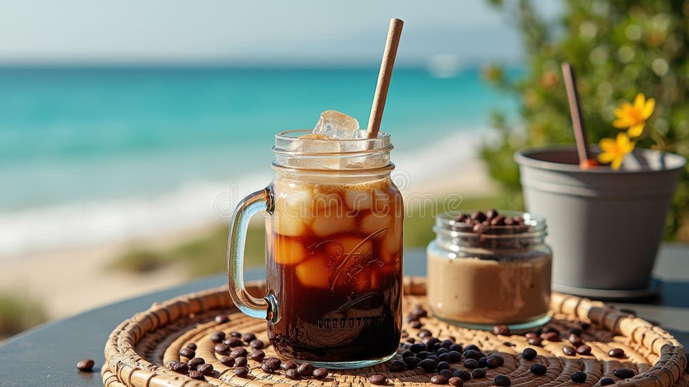 Refreshing Iced Coffee with Ocean View on Sunny Beach Day Stock Photo ...