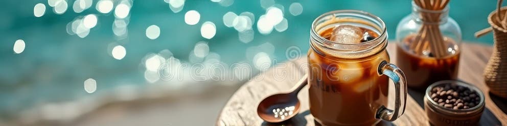Refreshing Iced Coffee with Ocean View on Sunny Day by Seaside Stock ...