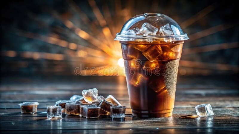 Refreshing Iced Coffee in a Plastic Cup with Ice Cubes on a Wooden ...