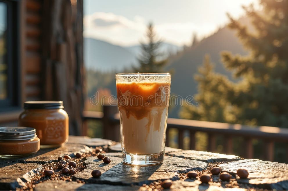 Refreshing Iced Coffee on Rustic Table with Mountain Sunrise Backdrop ...