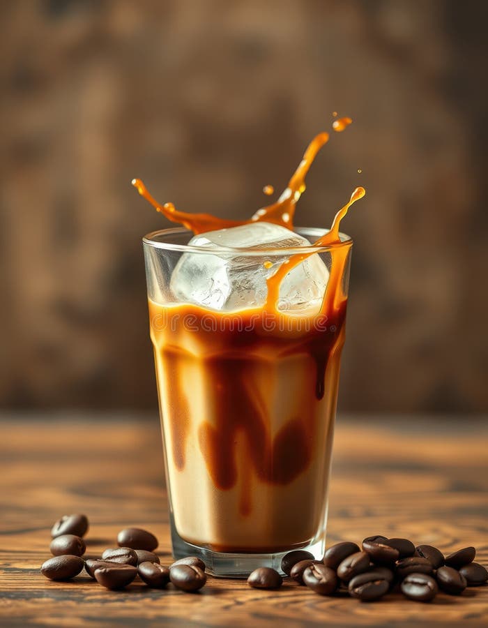 Delicious Iced Coffee Drink with Splashing Caramel and Coffee Beans on ...