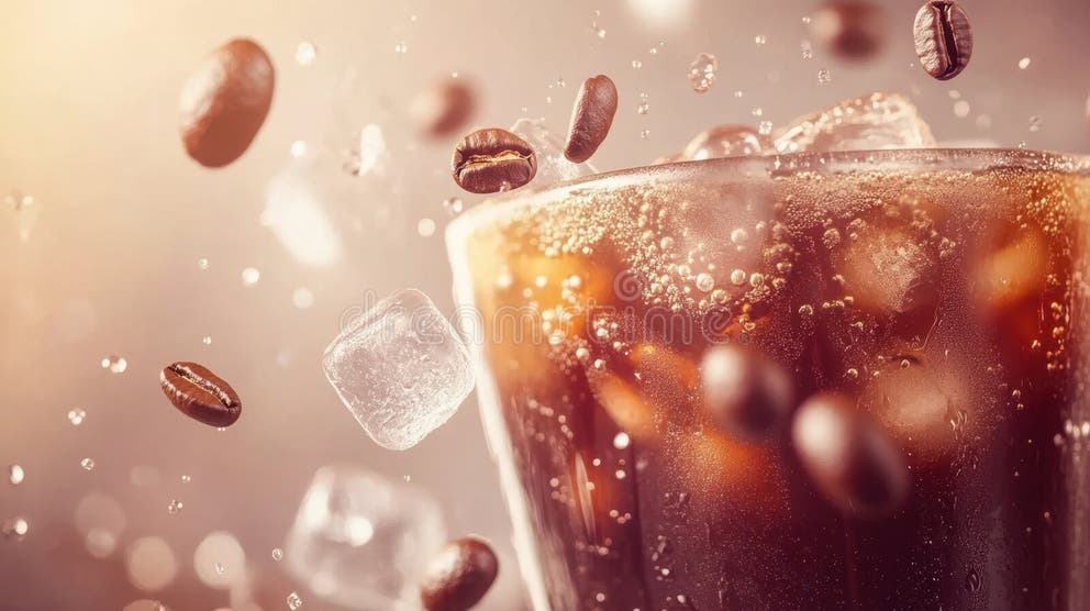 Refreshing Iced Coffee with Splashing Beans and Ice Cubes Stock Image ...
