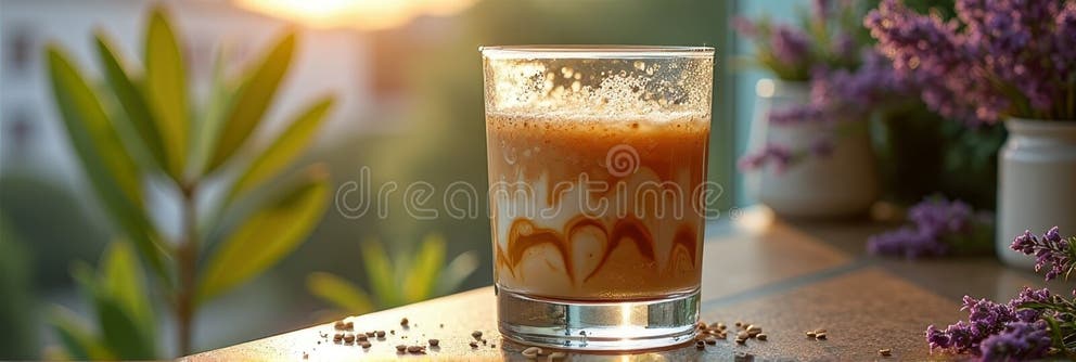 Refreshing Iced Coffee at Sunset with Lavender and Greenery Stock Photo ...